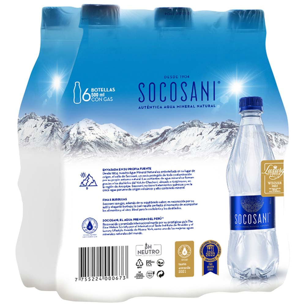 Agua Mineral con Gas SOCOSANI Botella 500ml Paquete 6un - Shopstar