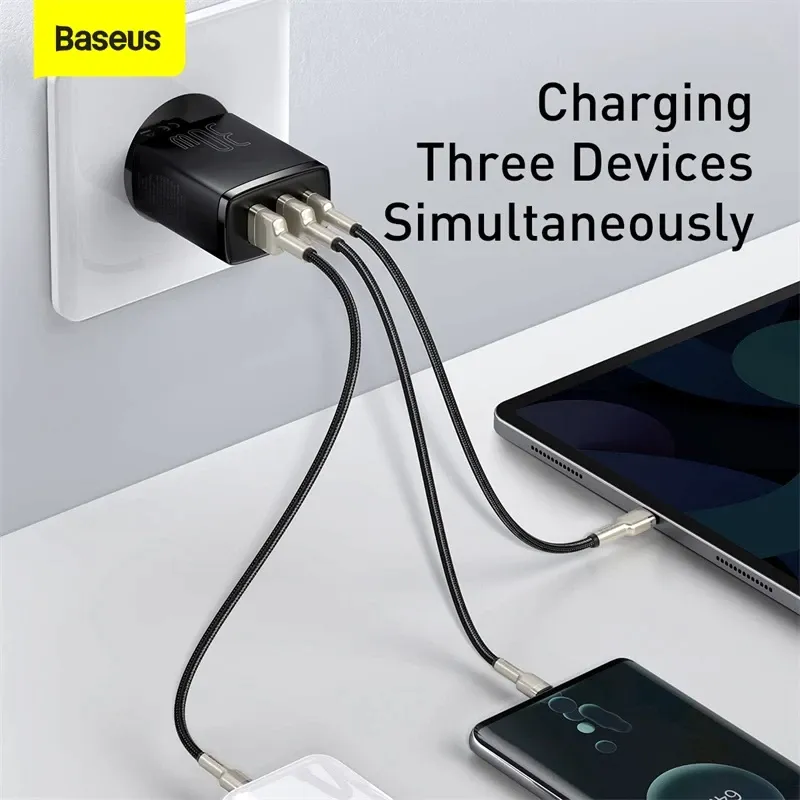 Baseus-cargador USB de 30W, dispositivo de carga rápida QC3.0 PD3.0 tipo C PD, 3 puertos, para ...