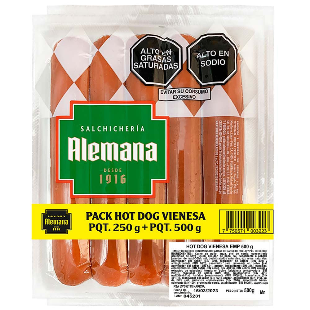 Pack Hot Dog Vienesa S. ALEMANA Paquete 250g + 500g - Shopstar