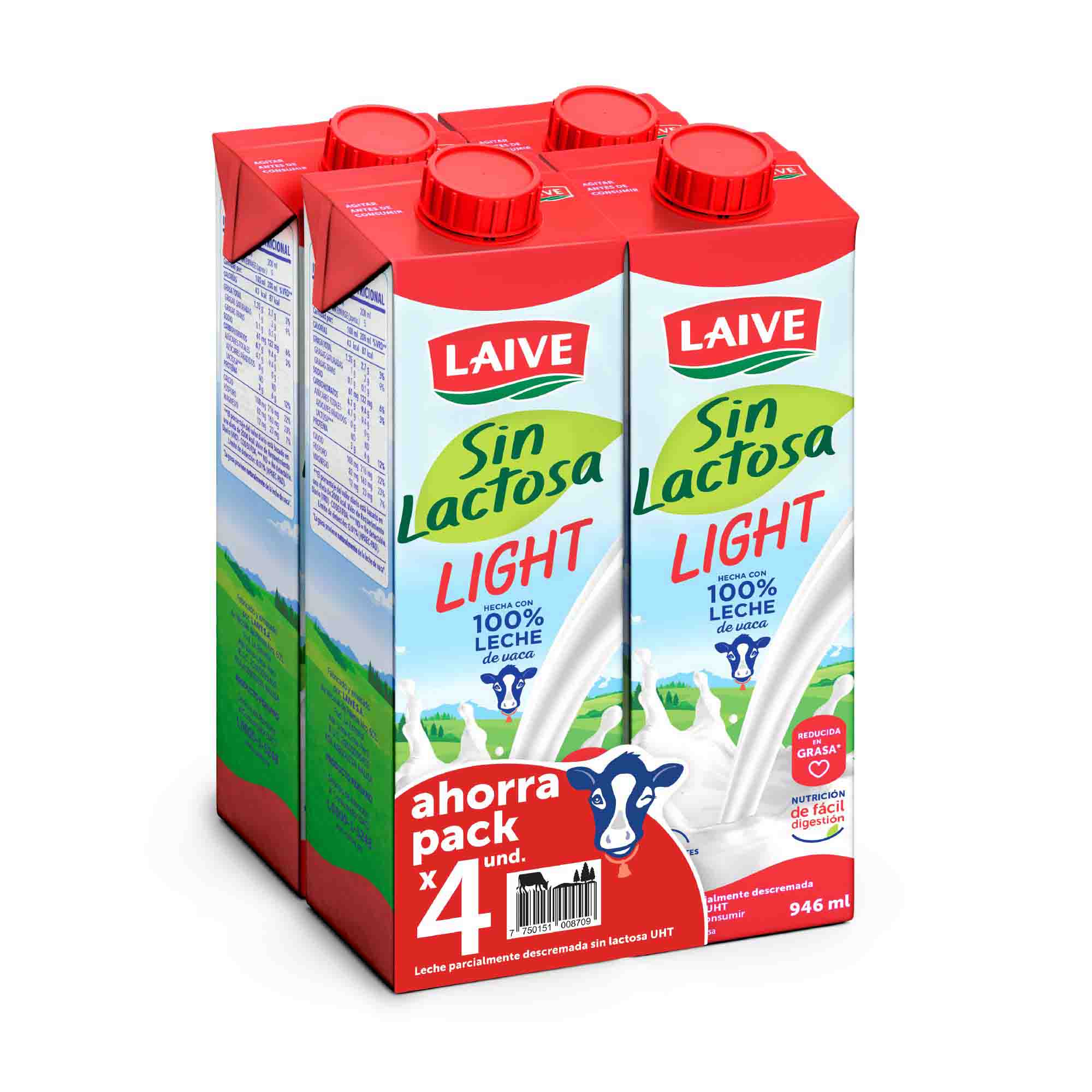 Leche sin Lactosa LAIVE UHT Light Caja 946ml Paquete 4un - Shopstar