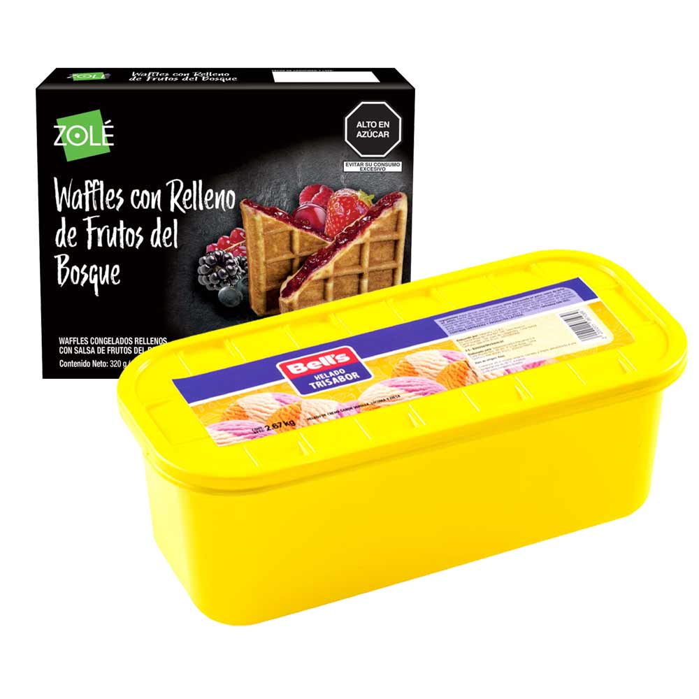 Pack Helado BELL'S Trisabor Pote 2.67Kg + Waffles ZOLE Relleno Frutos ...