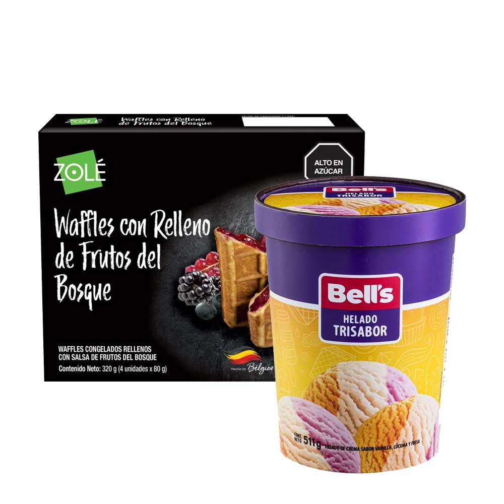 Pack Helado BELL'S Trisabor Pote 511g + Waffles ZOLE Relleno Frutos del ...