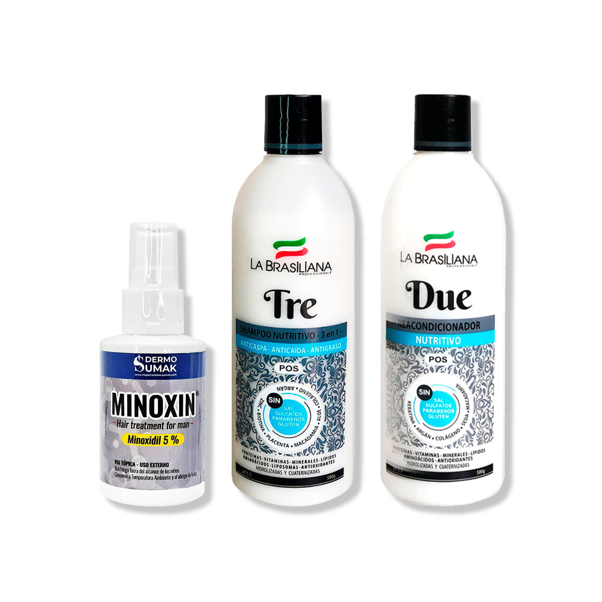 LOCIÓN MINOXIN 60ML + SHAMPOO TRE 500GR + ACONDICIONADOR DUE 500GR ...