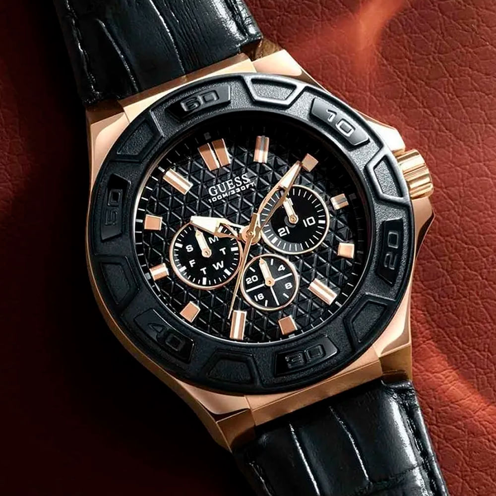 Reloj Guess Force W0674G6 Multifuncional Correa de Cuero Negro Dorado ...