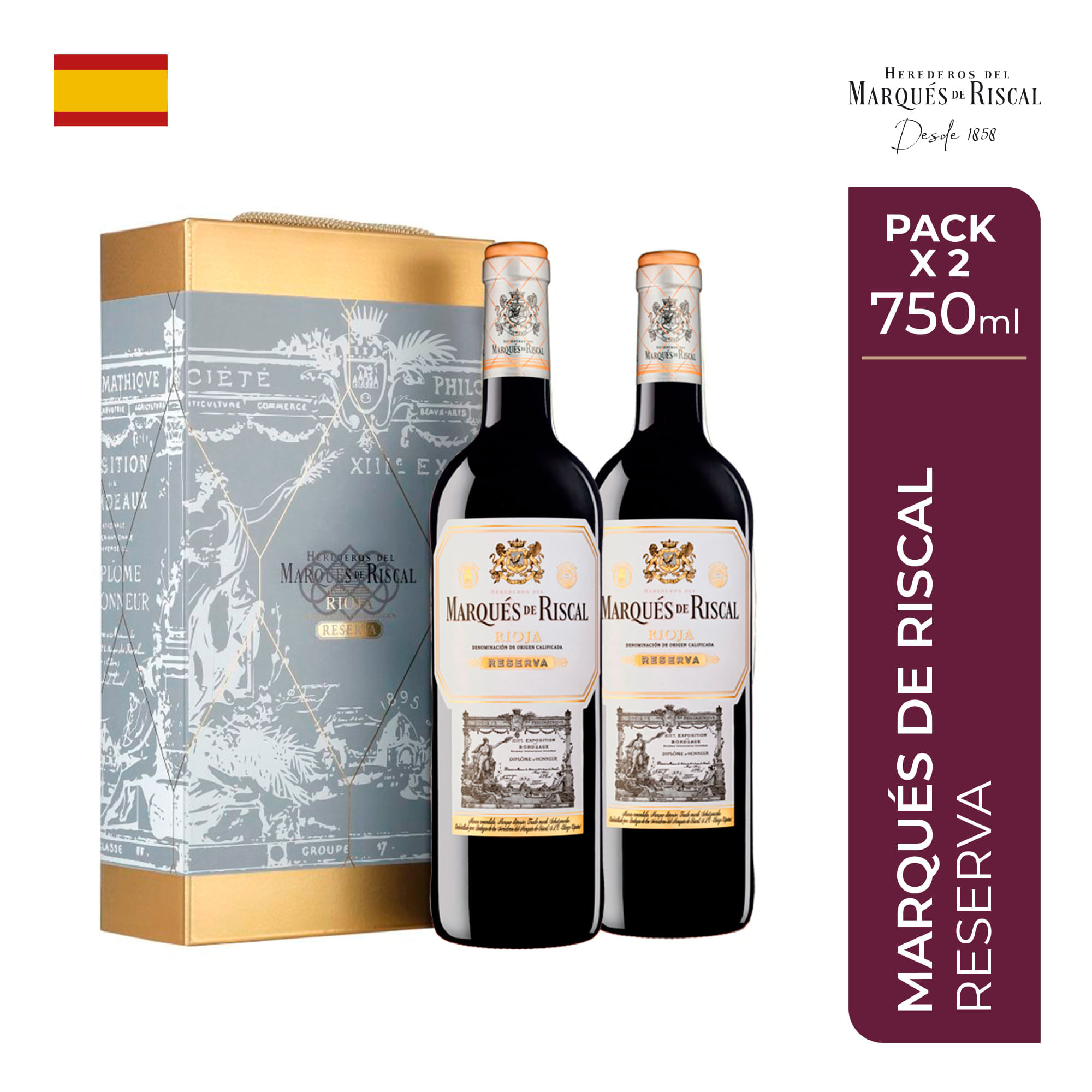 Vino Tinto MARQUÉS DE RISCAL Tempranillo Reserva Botella 750ml Pack 2un ...